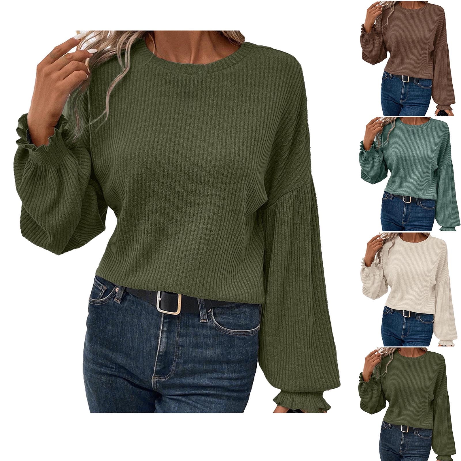 Abtuhar Women Long Sleeve Tops Solid Round Neck Pull Over Straight Hem ...