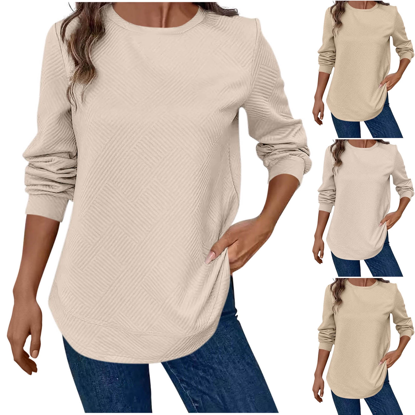 Abtuhar Women Long Sleeve Tops Solid Round Neck Textured Woven Pull ...