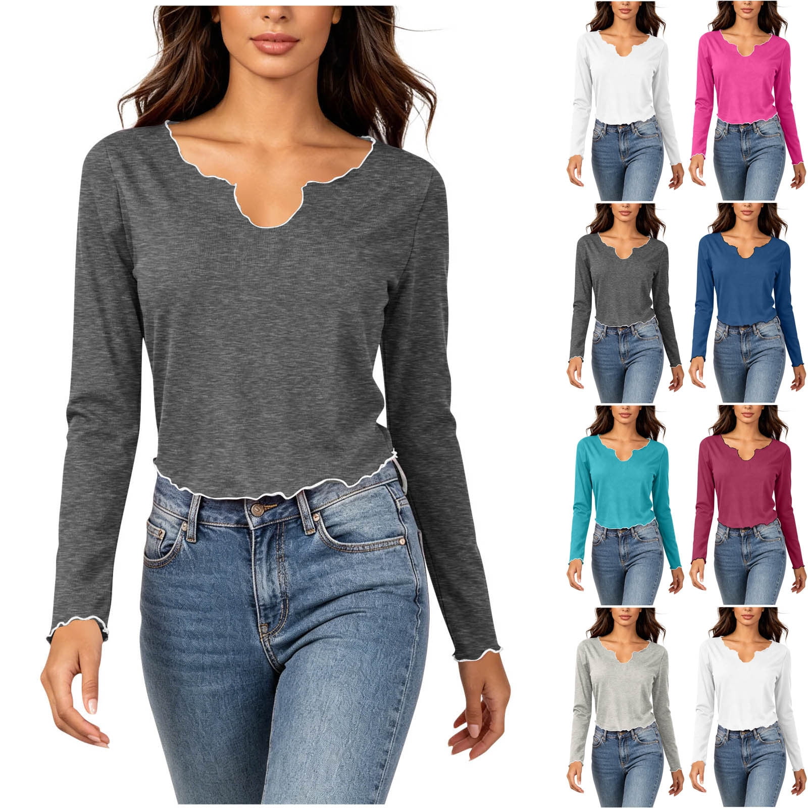Abtuhar Women Long Sleeve Tops Solid U Neck Lace Border Standard Hem ...