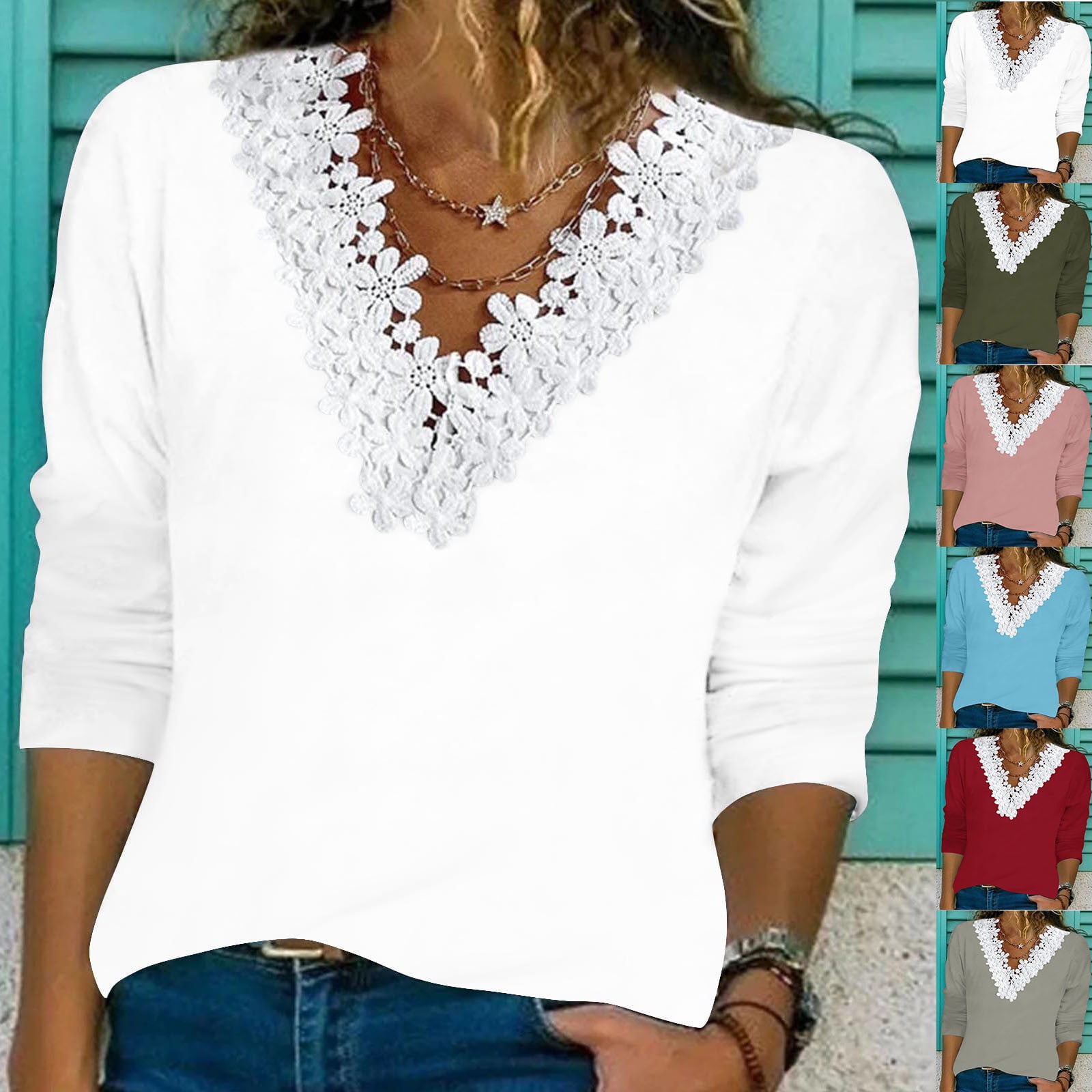 Abtuhar Women Long Sleeve Tops Solid V Neck Lace Border Loose Straight ...