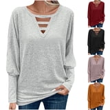 Abtuhar Women Long Sleeve Tops Solid V Neck Puff Sleeve Pull Over ...