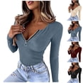 Abtuhar Women Long Sleeve Tops Solid V Neck Zip Front Ribbed Pull Over ...