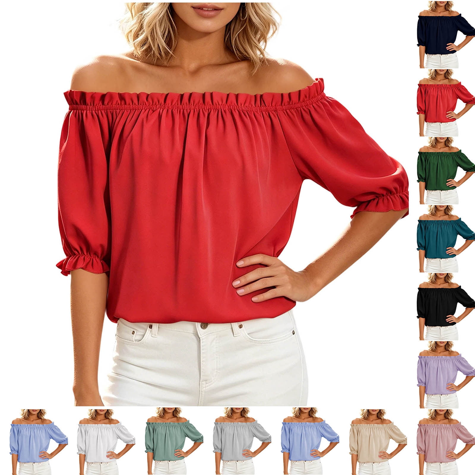 Abtuhar Women Off The Shoulder Blouses and Shirts Short Sleeve Solid ...