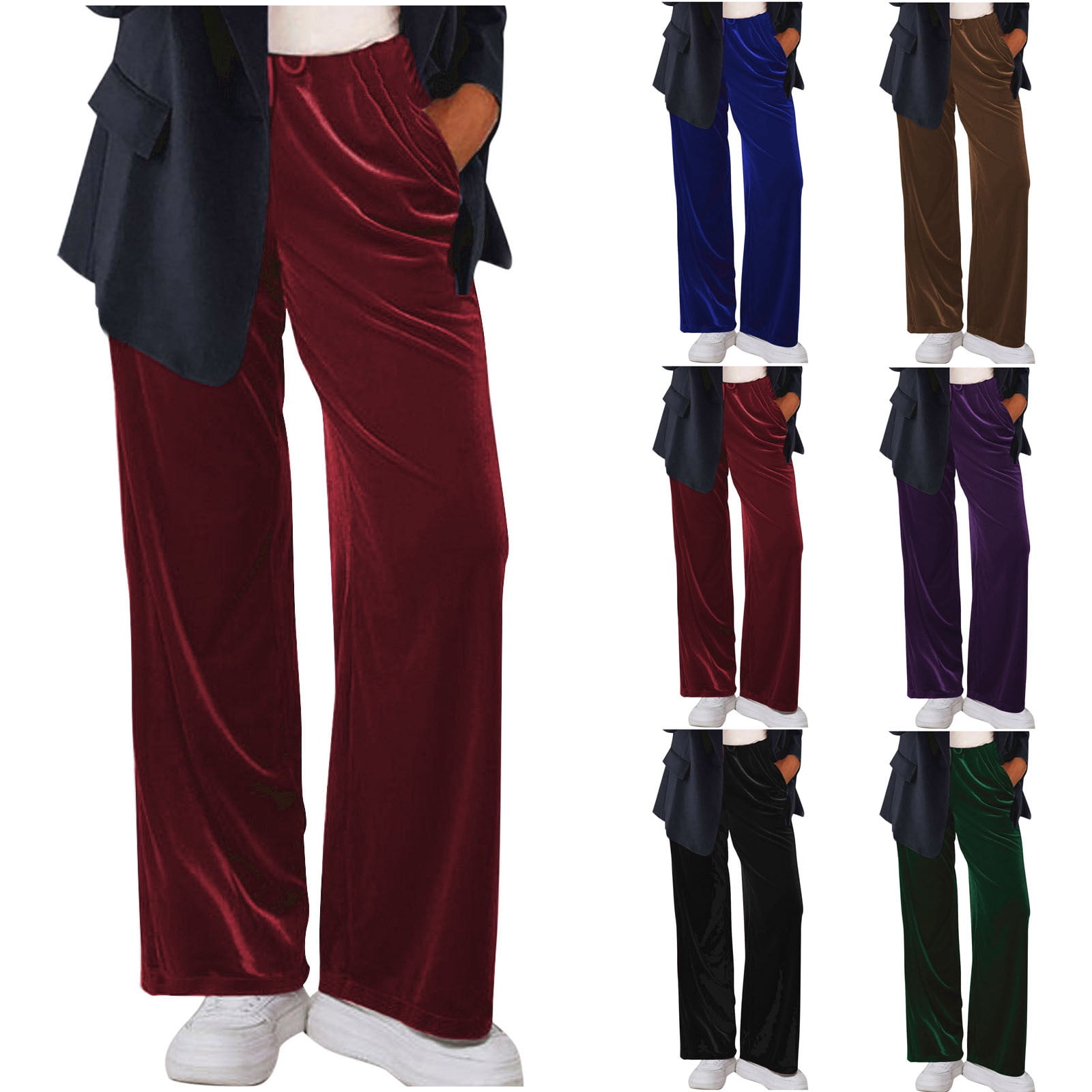 Abtuhar Women Pants Solid Velvet Elastic Drawstring Full Length Loose ...