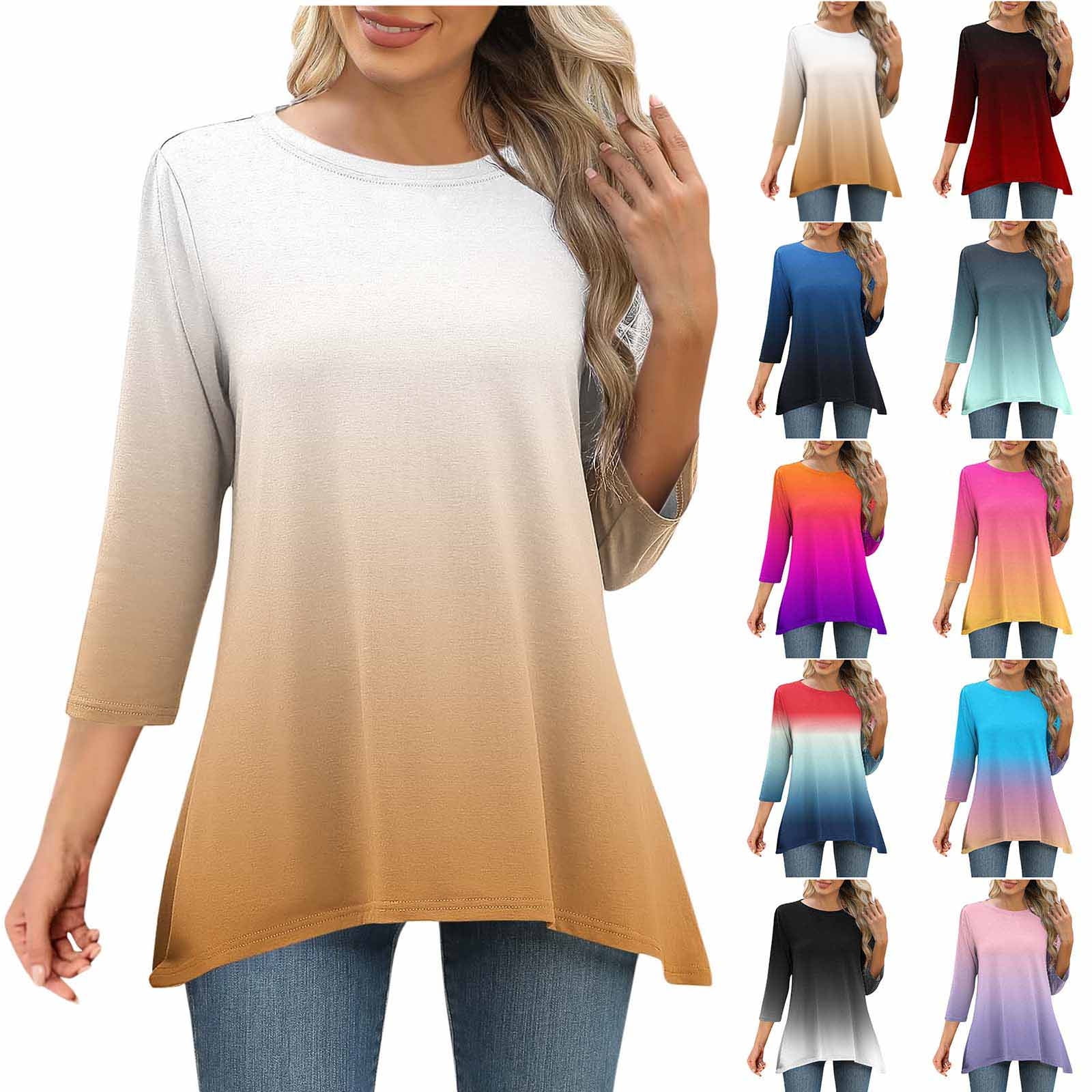 Abtuhar Women Round Neck Blouses and Shirts 3/4 Sleeve Gradient Tone ...