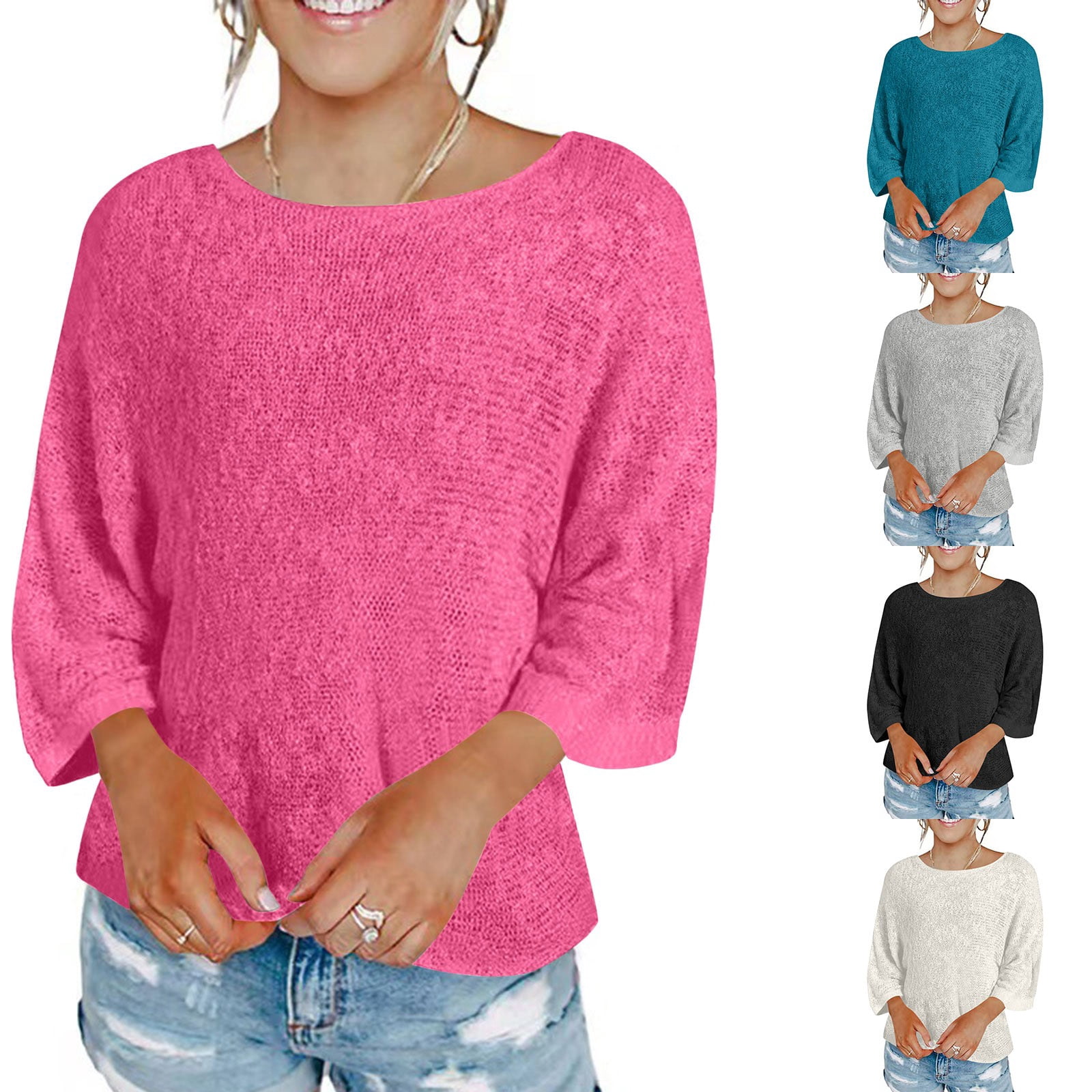 Abtuhar Women Round Neck Blouses and Shirts 3/4 Sleeve Solid Basic ...