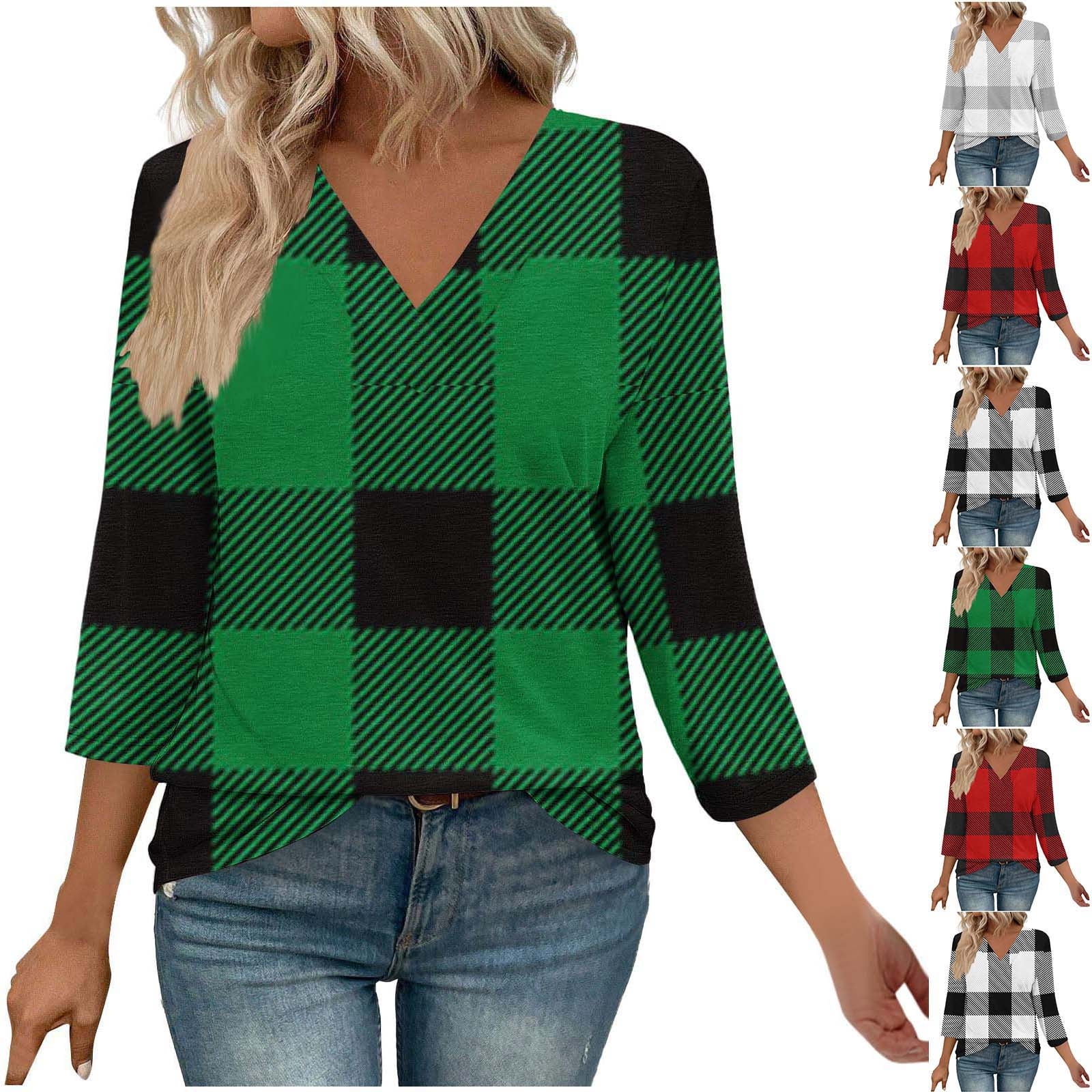 Abtuhar Women V Neck Blouses and Shirts 3/4 Sleeve Plaid Print Loose ...
