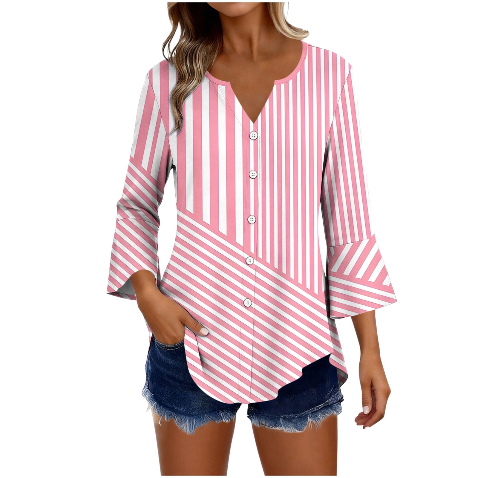 Abtuhar Women V Neck Blouses and Shirts 3/4 Sleeve Print Ruffle Hem ...