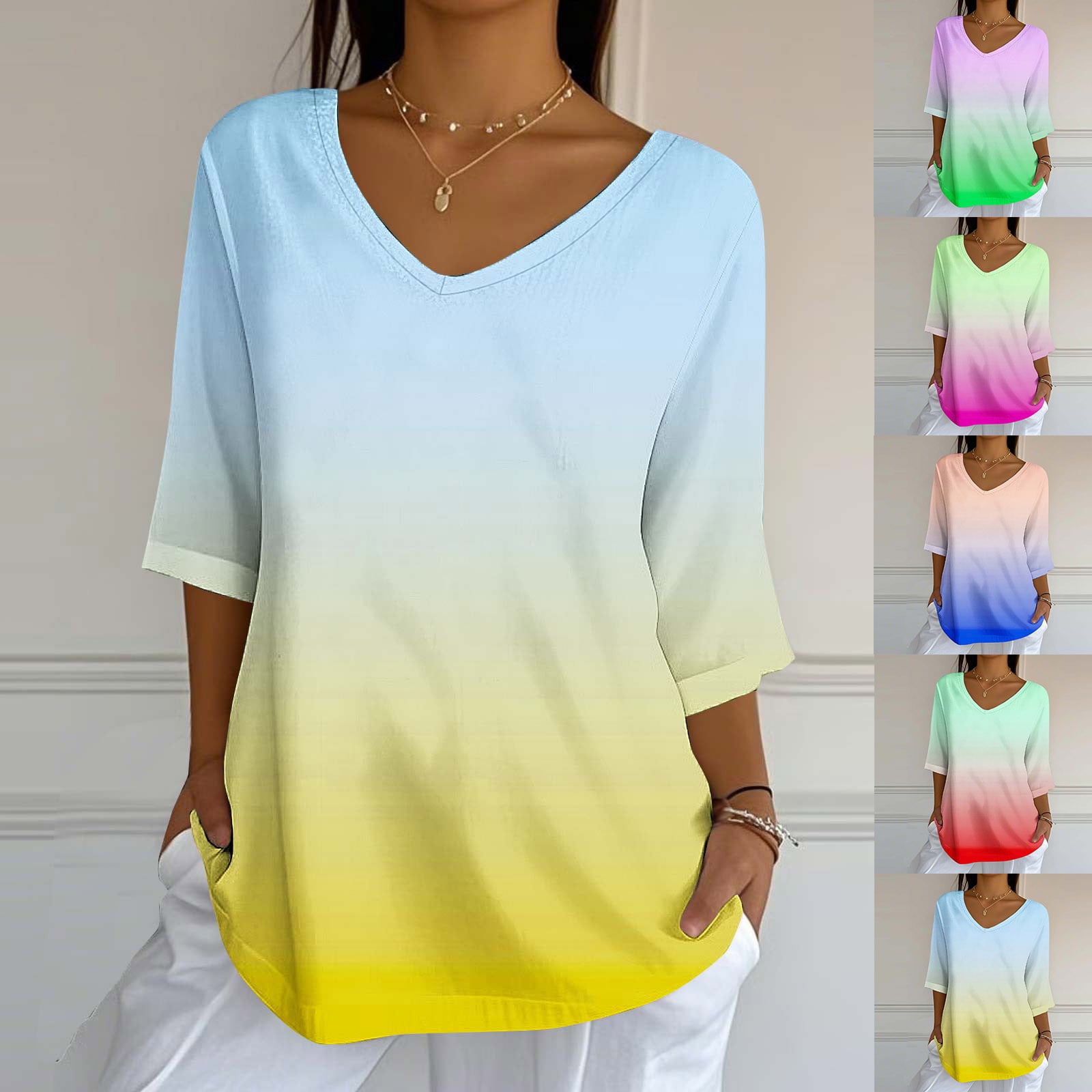 Abtuhar Women V Neck Blouses and Shirts 3/4 Sleeve Regular Print ...