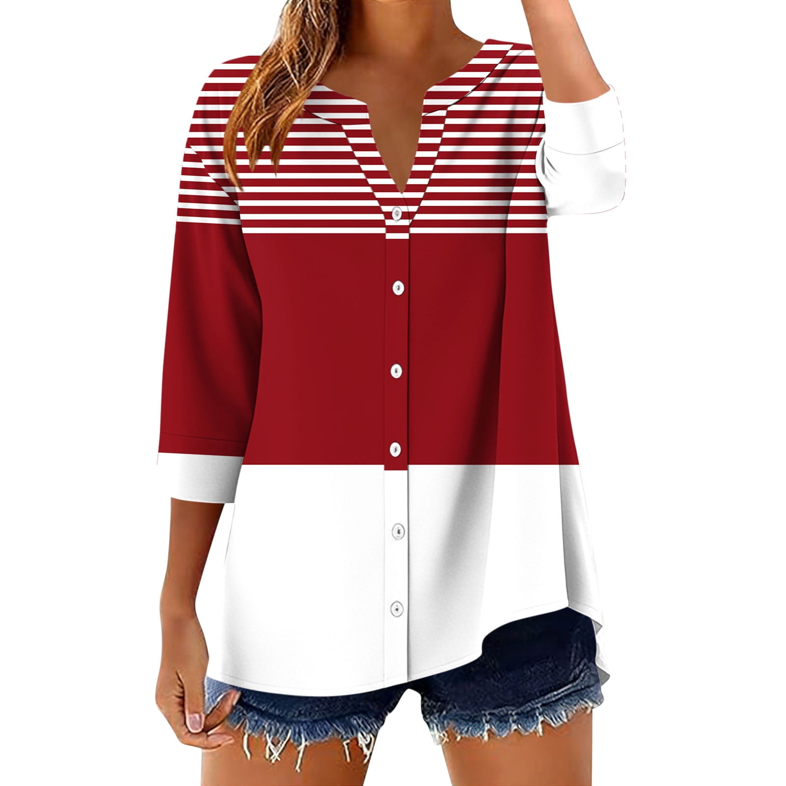 Abtuhar Women V Neck Blouses and Shirts 3/4 Sleeve Scattered Print ...