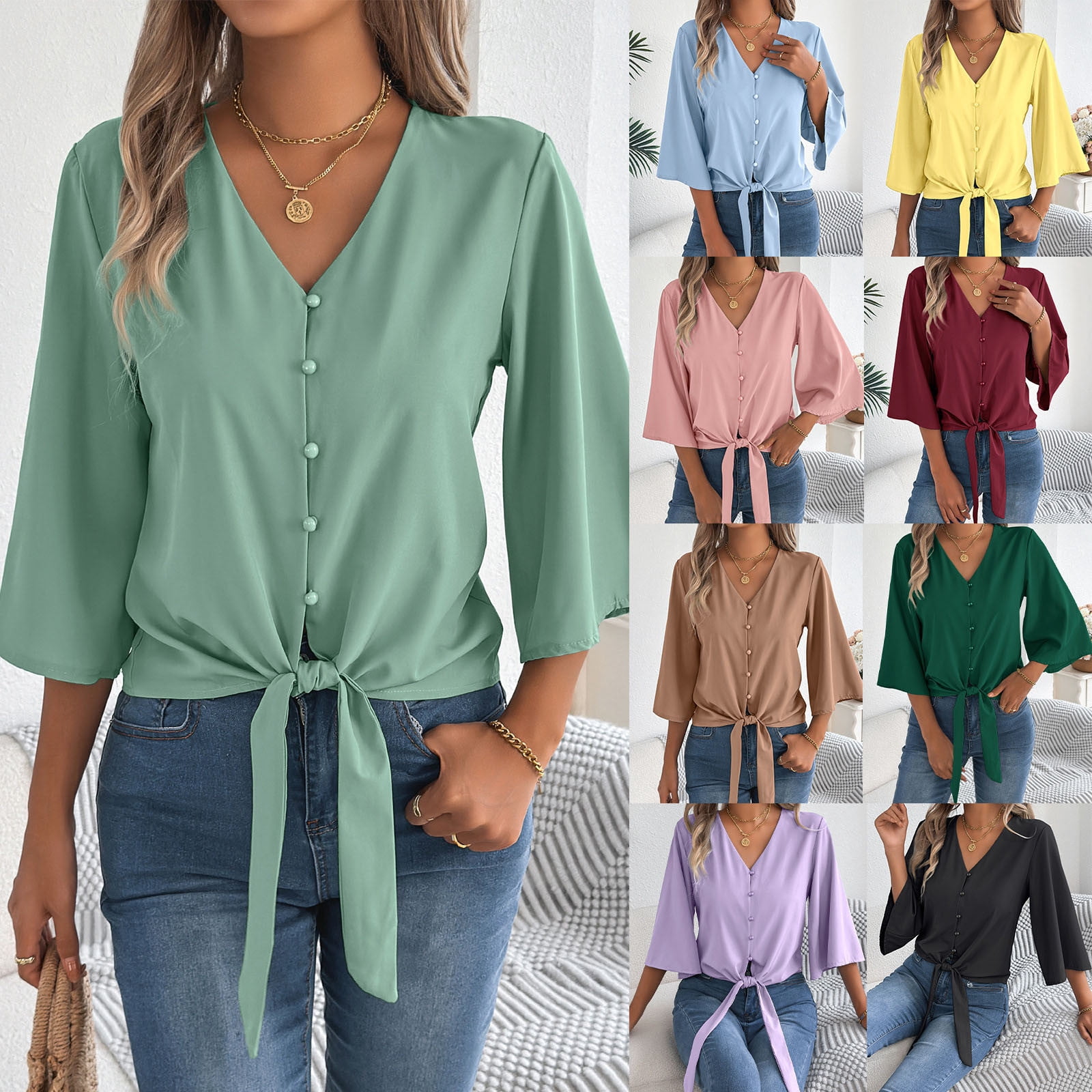 Abtuhar Women V Neck Blouses and Shirts 3/4 Sleeve Solid Button Ruffle ...