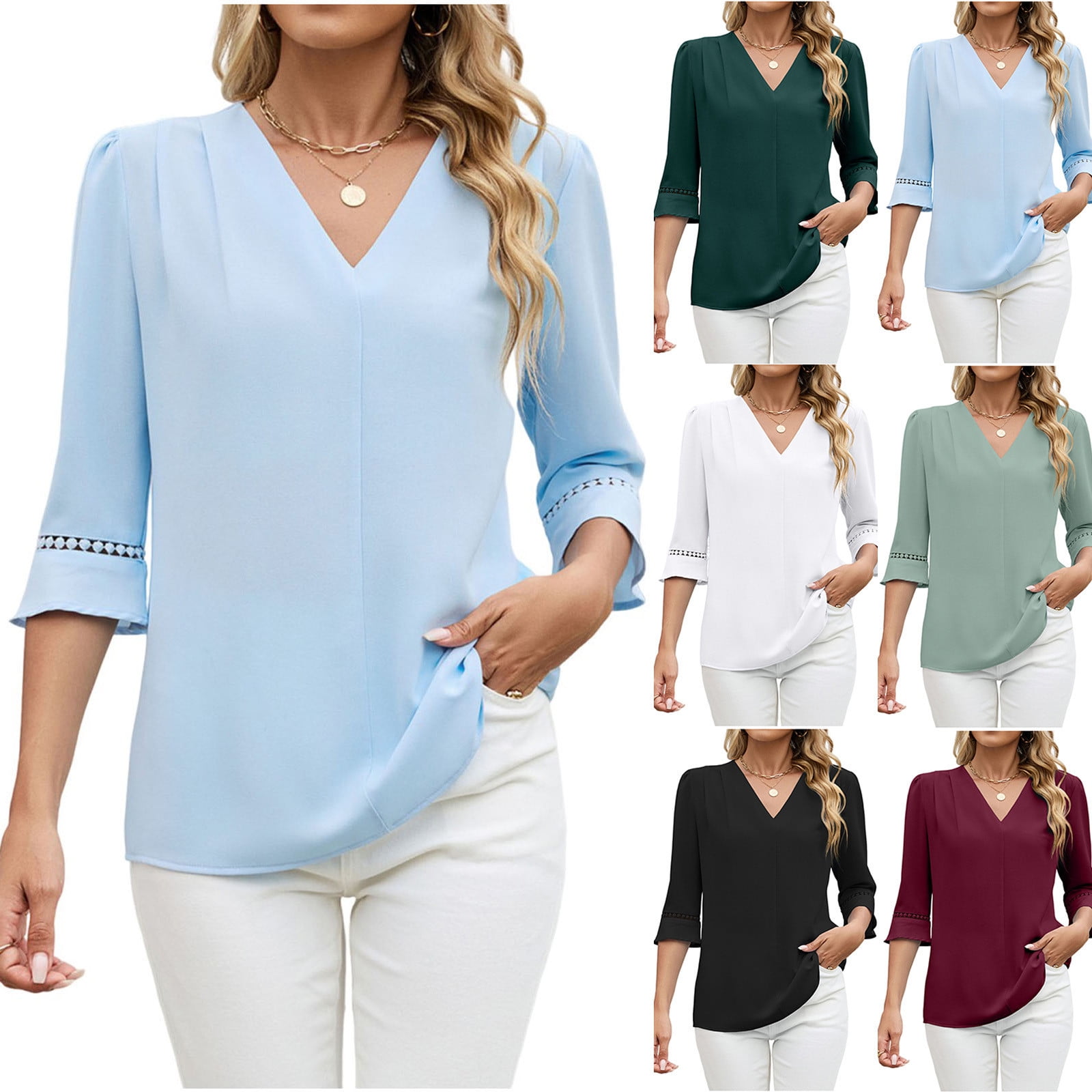 Abtuhar Women V Neck Blouses and Shirts 3/4 Sleeve Solid Tone Lace ...