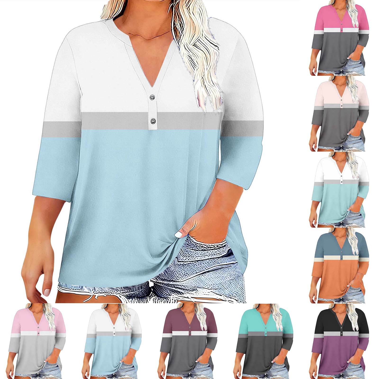 Abtuhar Women V Neck Blouses and Shirts 3/4 Sleeve Stripe Print Button ...