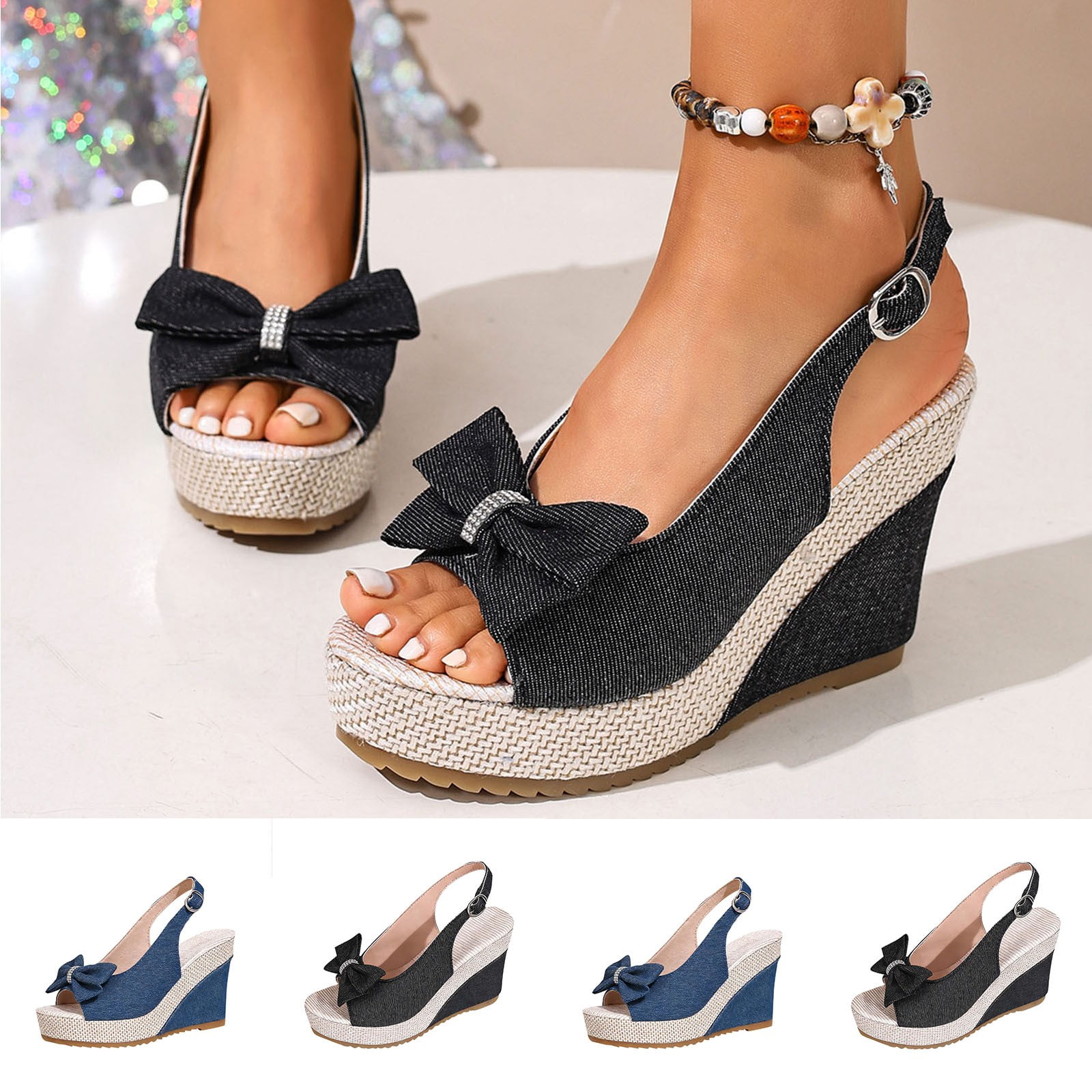 Abtuhar Women's Wedges Shoes Solid Color Open Toe Wedge Bow Knot Buckle ...