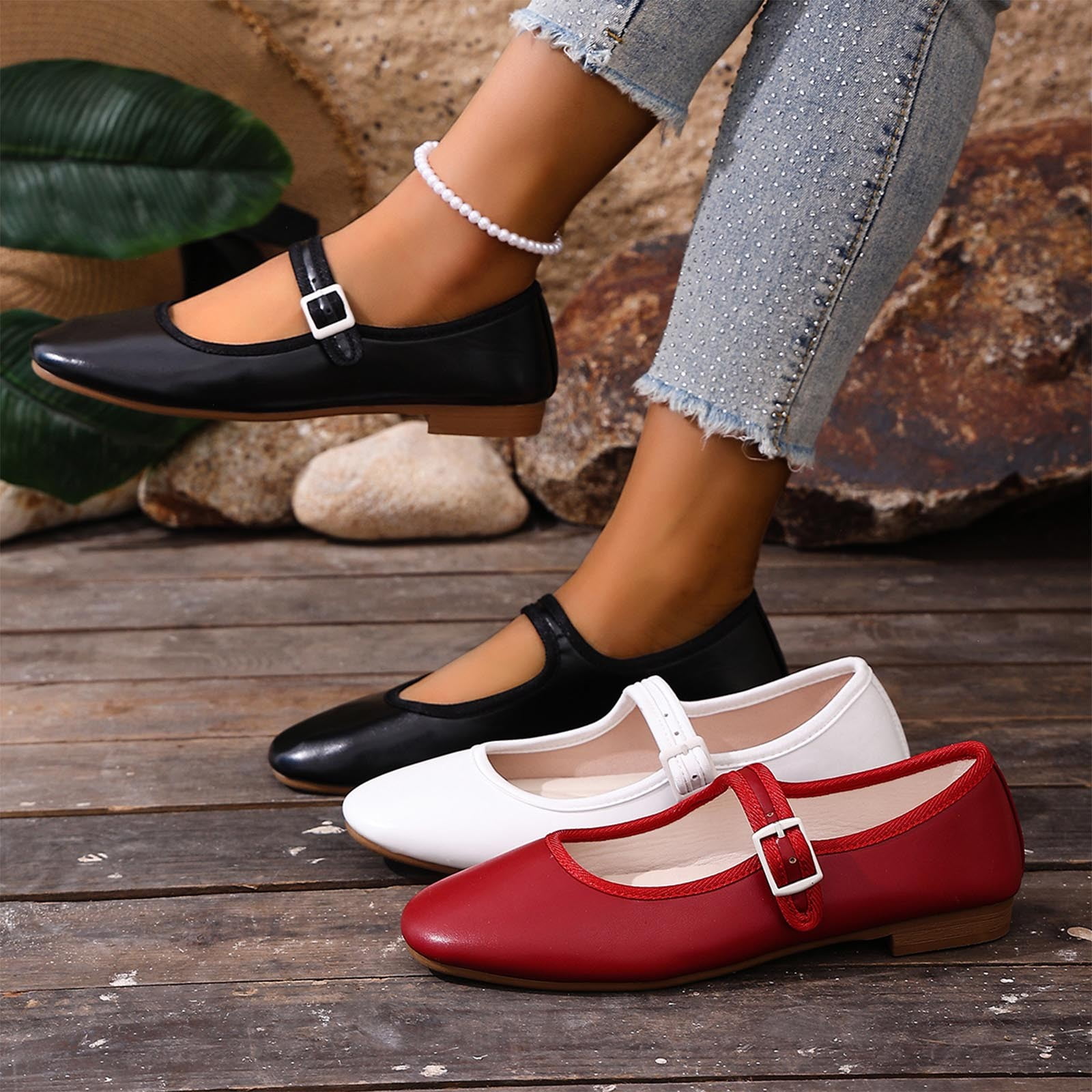 Abtuhar Womens Low Heels Shoes Solid Color Mary Buckle Strap Shoes ...