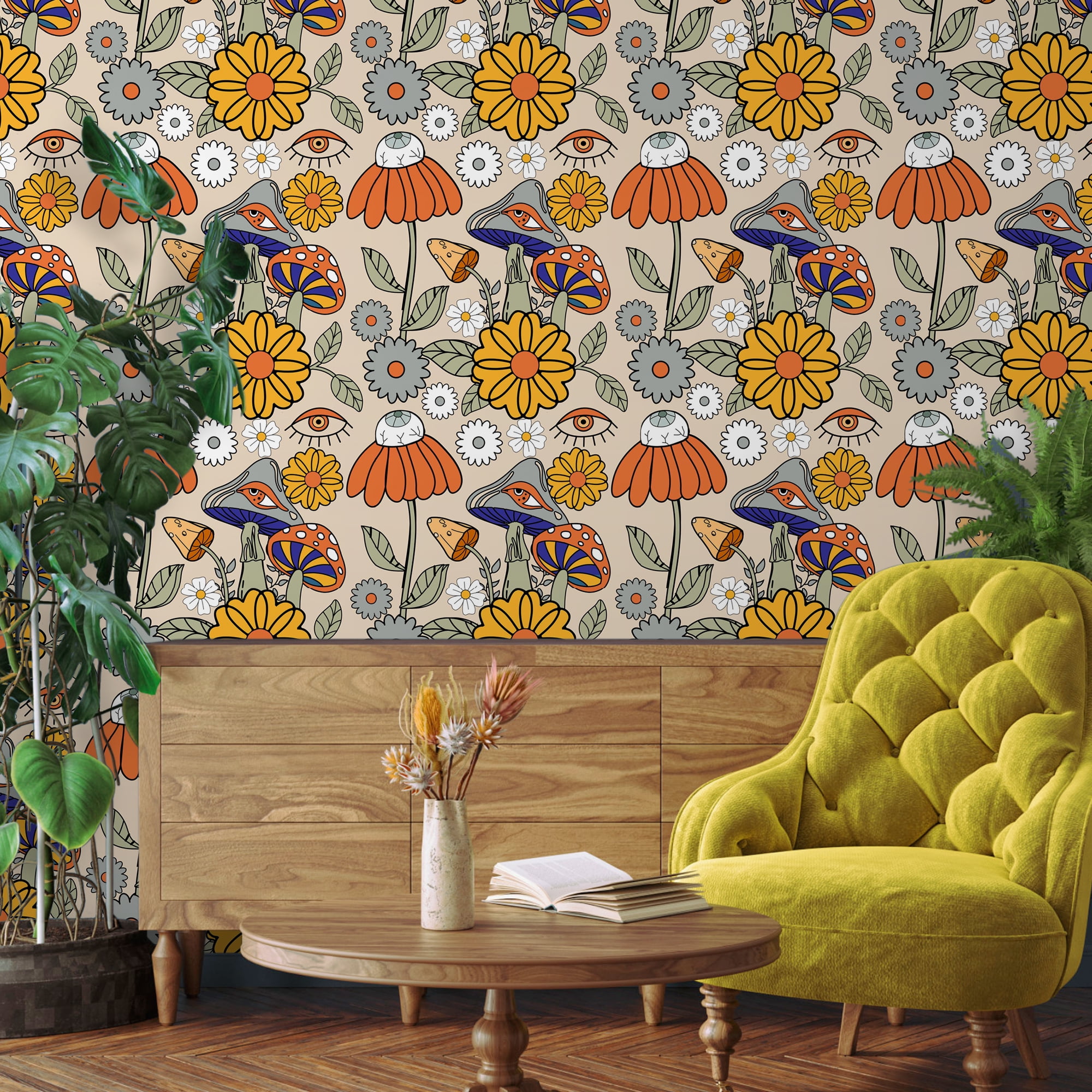 Abyssaly Boho Mushroom Floral Peel and Stick Wallpaper, 17.7" x 236 ...