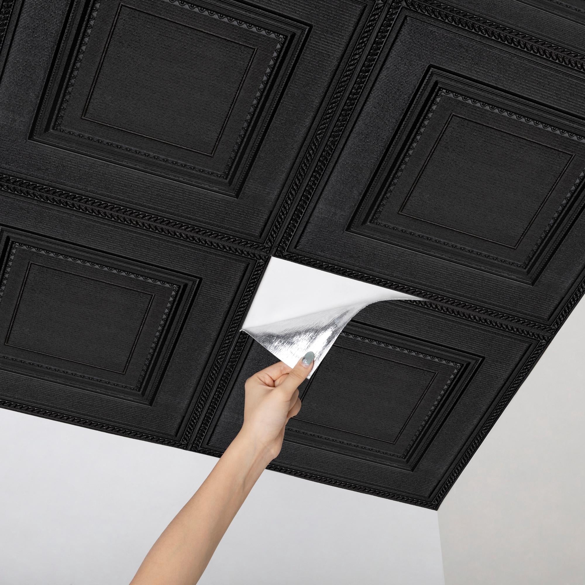 Abyssaly Black Peel and Stick Ceiling Tile, 13.7x13.7 Inches, 16 Pcs ...