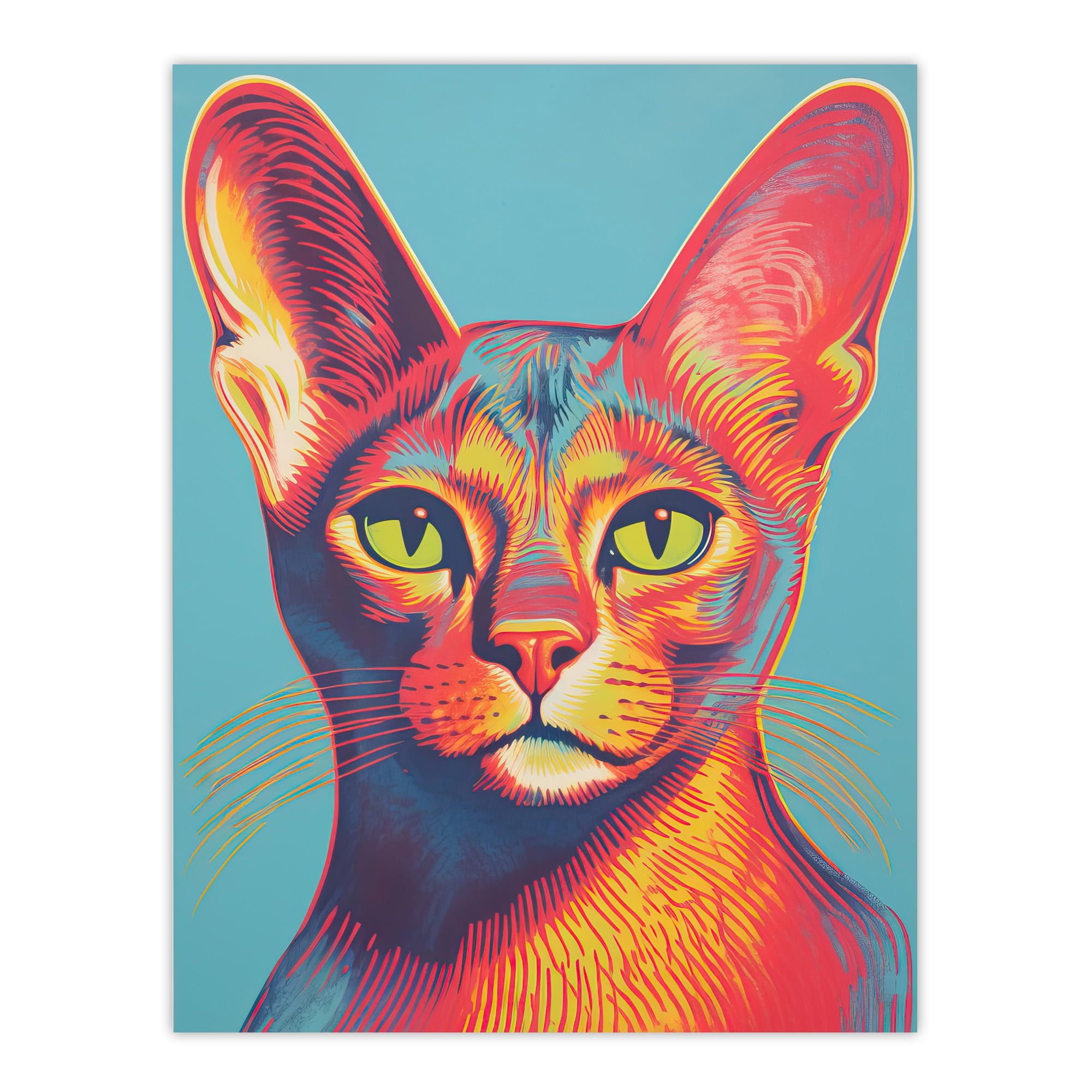 Abyssinian Cat Lino Reduction Red On Blue Bold Vibrant Screen Print ...