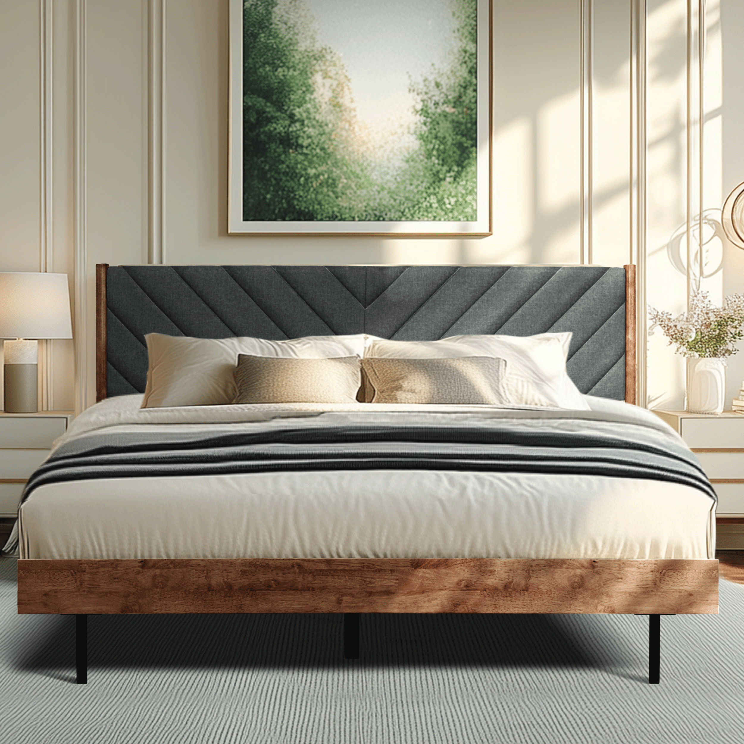Acacia Astoria Upholstered Bed Frame with Headboard, Contemporary ...