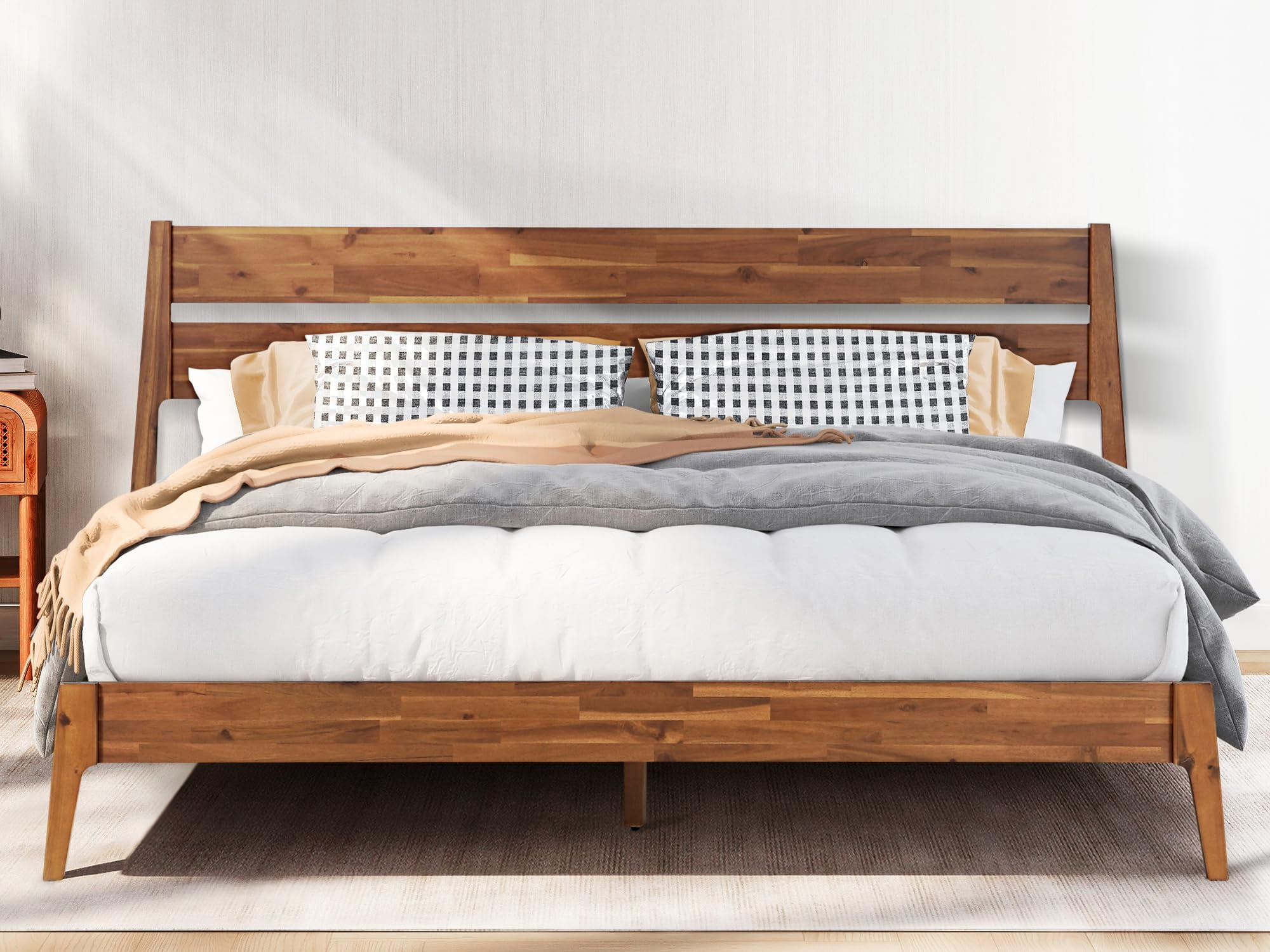 Acacia Callisto Solid Wood Bed Frame with Headboard, Signature Headboard Wood Bed, Queen ...