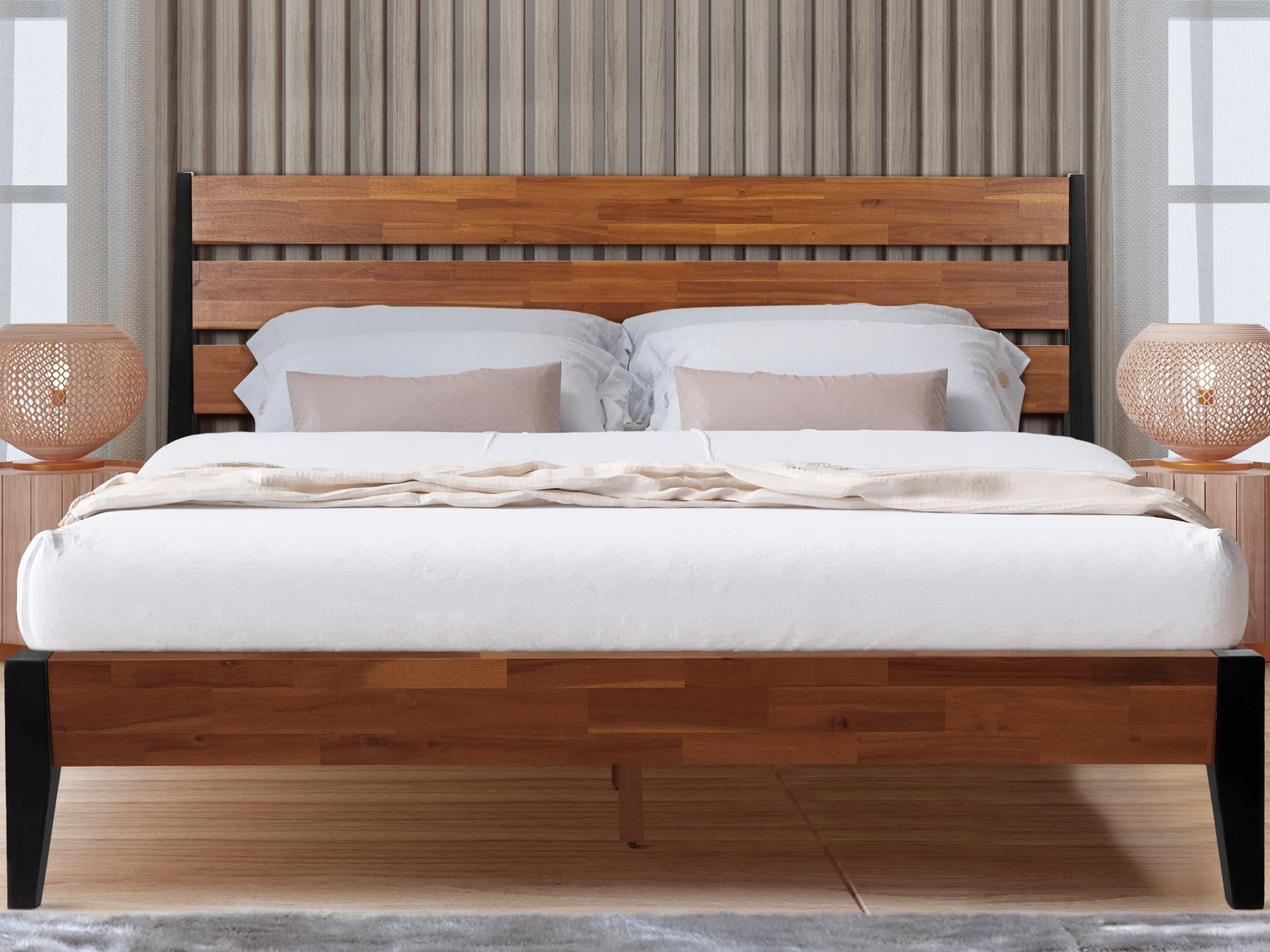 Acacia Emery Solid Wood Bed Frame with Headboard, Signature Headboard Wood Bed, King - Americano ...
