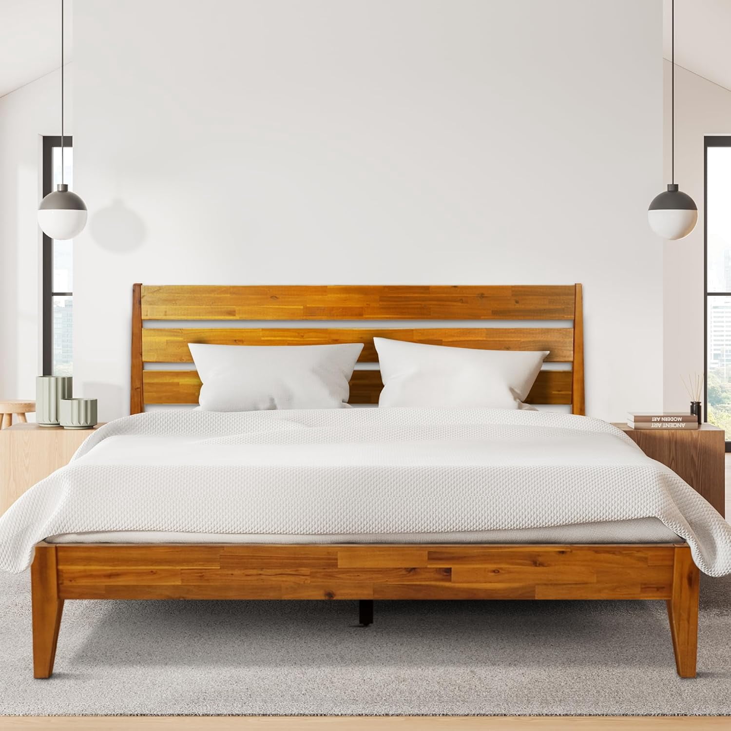 Acacia Emery Bed Frame with Headboard Solid Wood Platform Bed, Queen ...