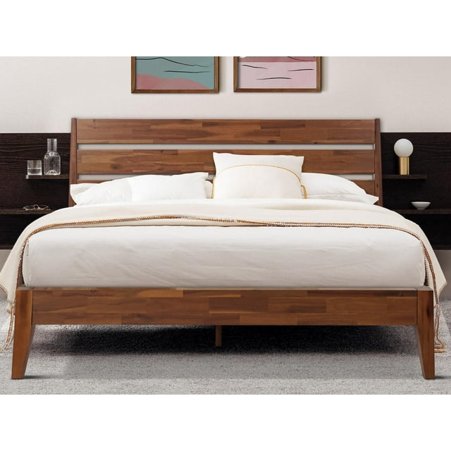 Acacia Emery Rustic Wooden Border Solid Wood Bed Frame with Signature Headboard, Queen - Walnut ...