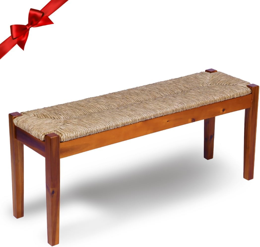 Acacia Solid Wood Bench with Woven Seagrass Seat, Entryway Bench, Wicker Benches Indoor for ...