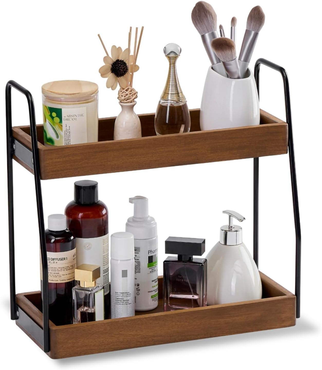 Acacia Wood 2-Tier Organizer Countertop, 15.4”x6.7”x14.6”, (Walnut with ...