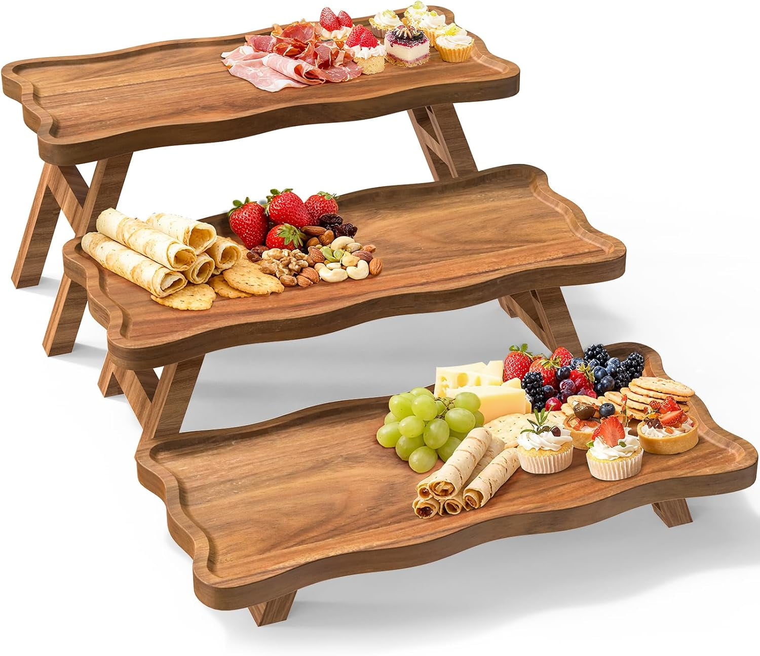 Acacia Wood 3 Tier Cupcake Stand, Serving Tray for Party, Foldable ...
