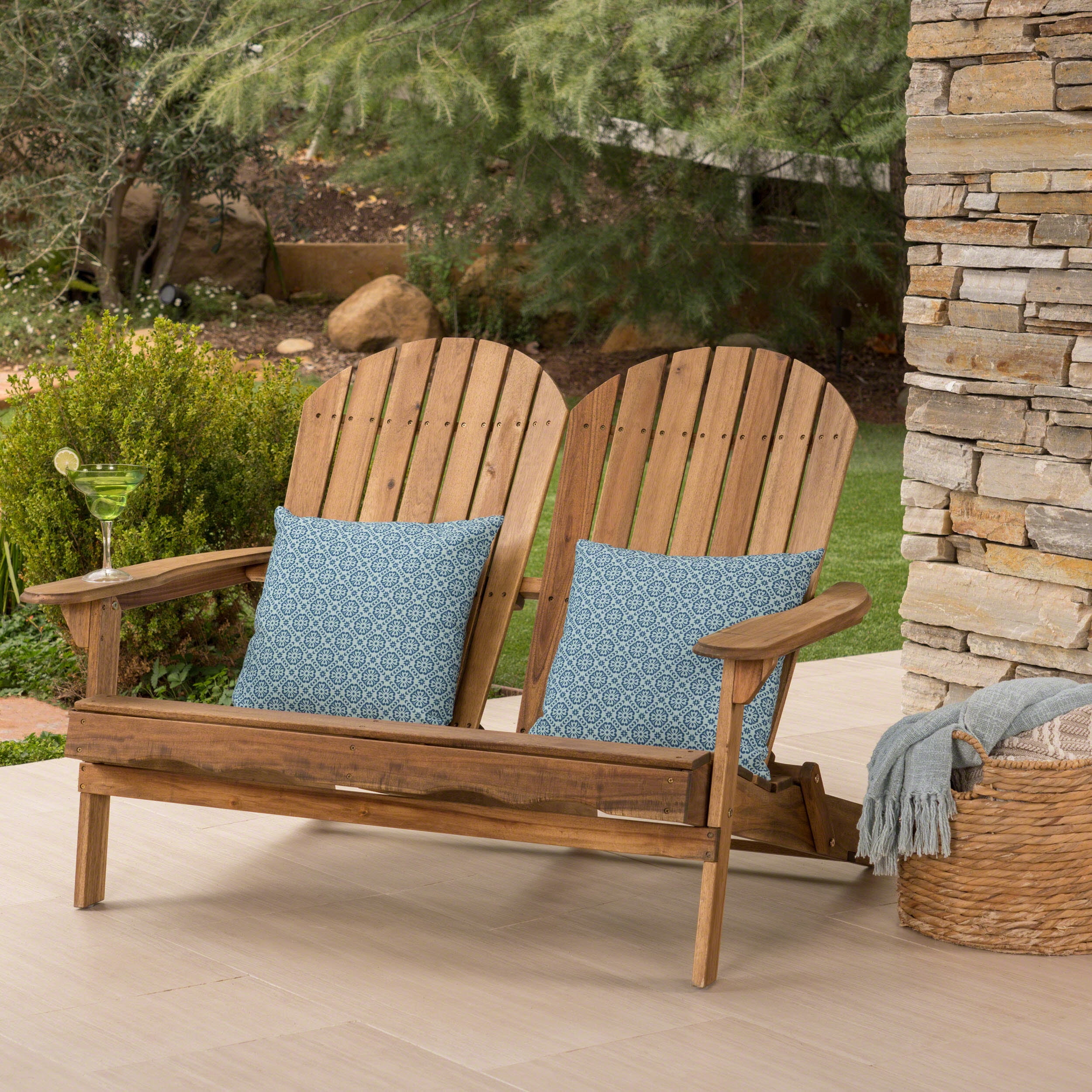 Acacia Wood Adirondack Loveseat, Outdoor Patio Double Chair with ...