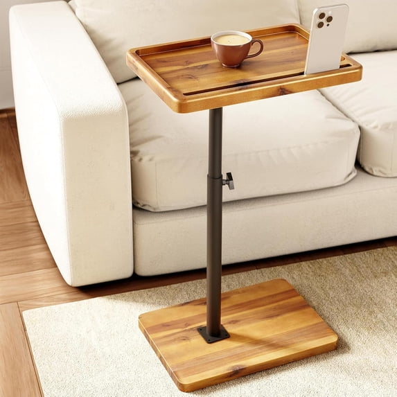 Acacia Wood Adjustable C-Shaped Couch Table – 360° Swivel Side Table ...