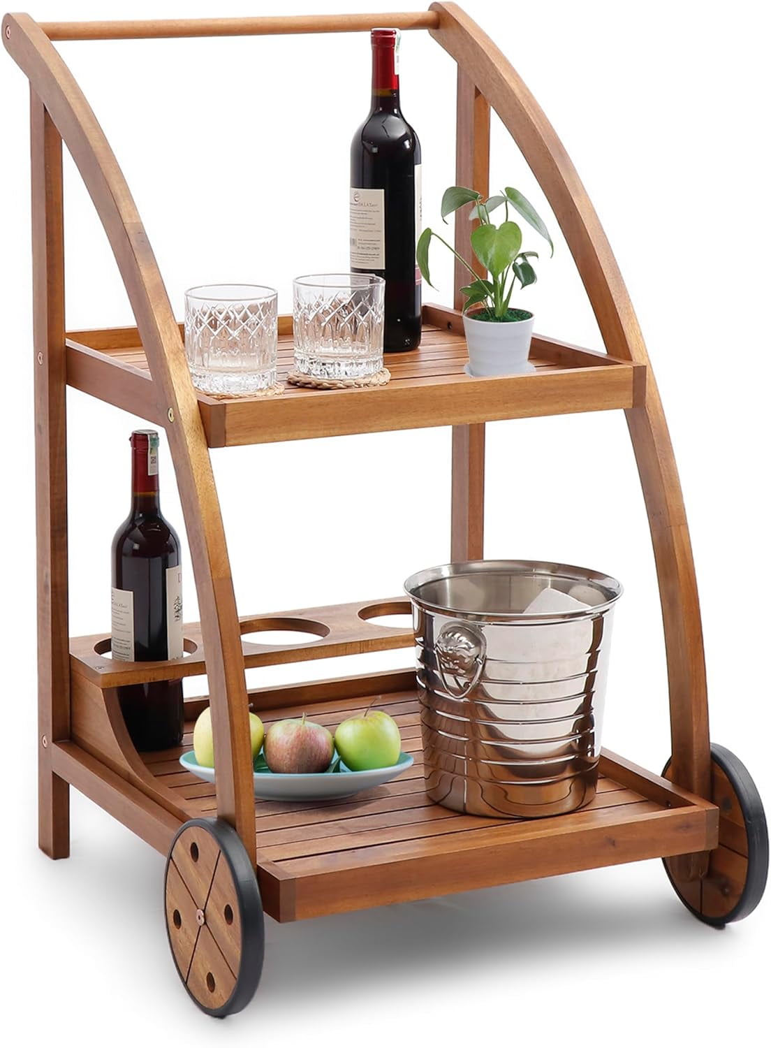 Acacia Wood Bar Cart - Rolling Kitchen, Coffee & Drink Cart with 3 Cup ...