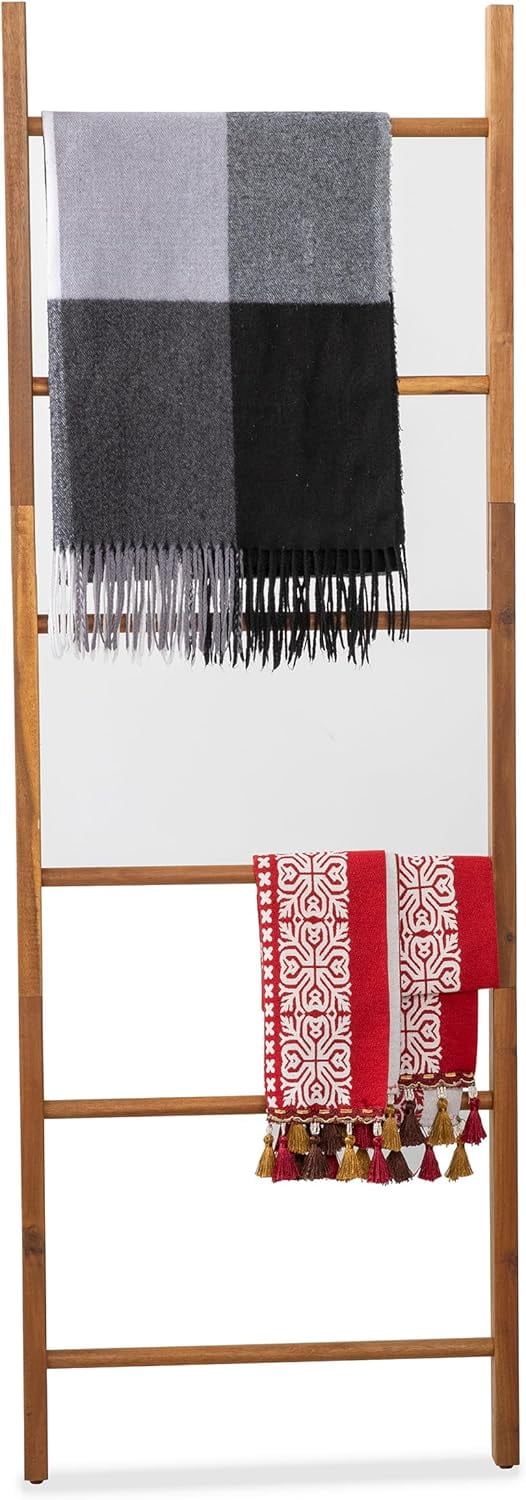 Acacia Wood Blanket Ladder, 6-Tier Wooden Blankets Holder for Living ...