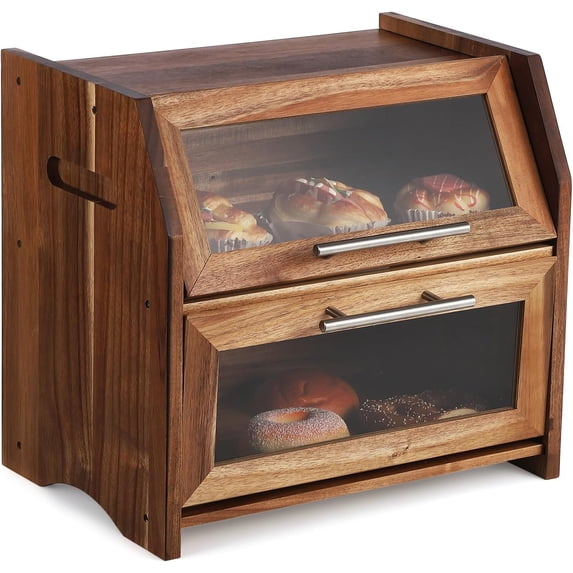 Acacia Wood Bread Box for Kitchen Countertop, Large 2-Tier Bread ...