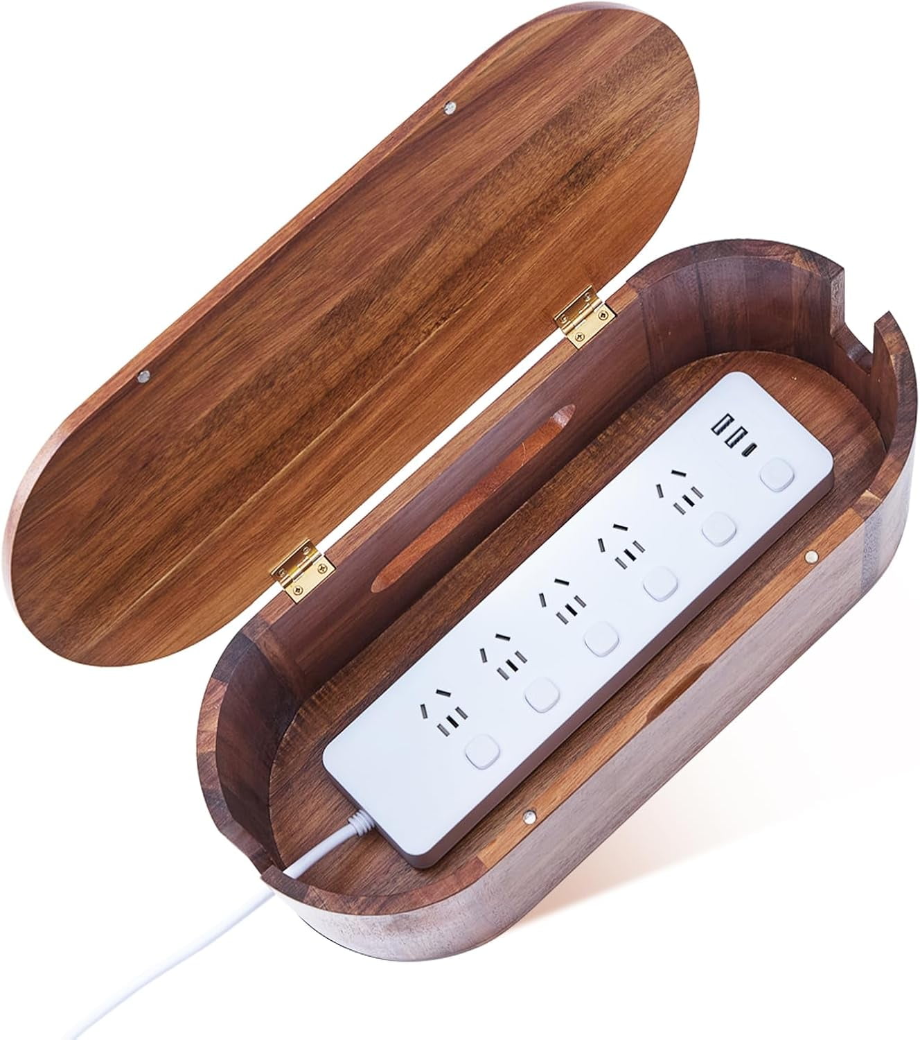 Acacia Wood Cable Management Box - Large 16.1" Oval Cable Organizer ...