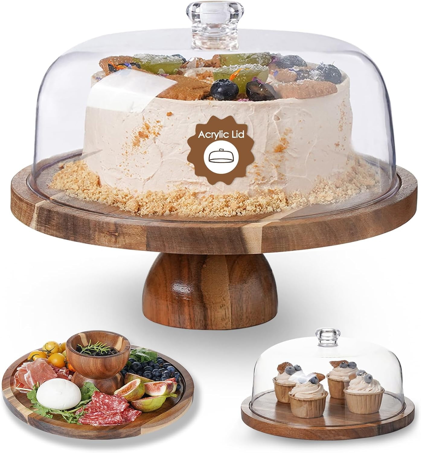 Acacia Wood Cake Stand with Acrylic Lid - 12in Cake Plate, Multi ...