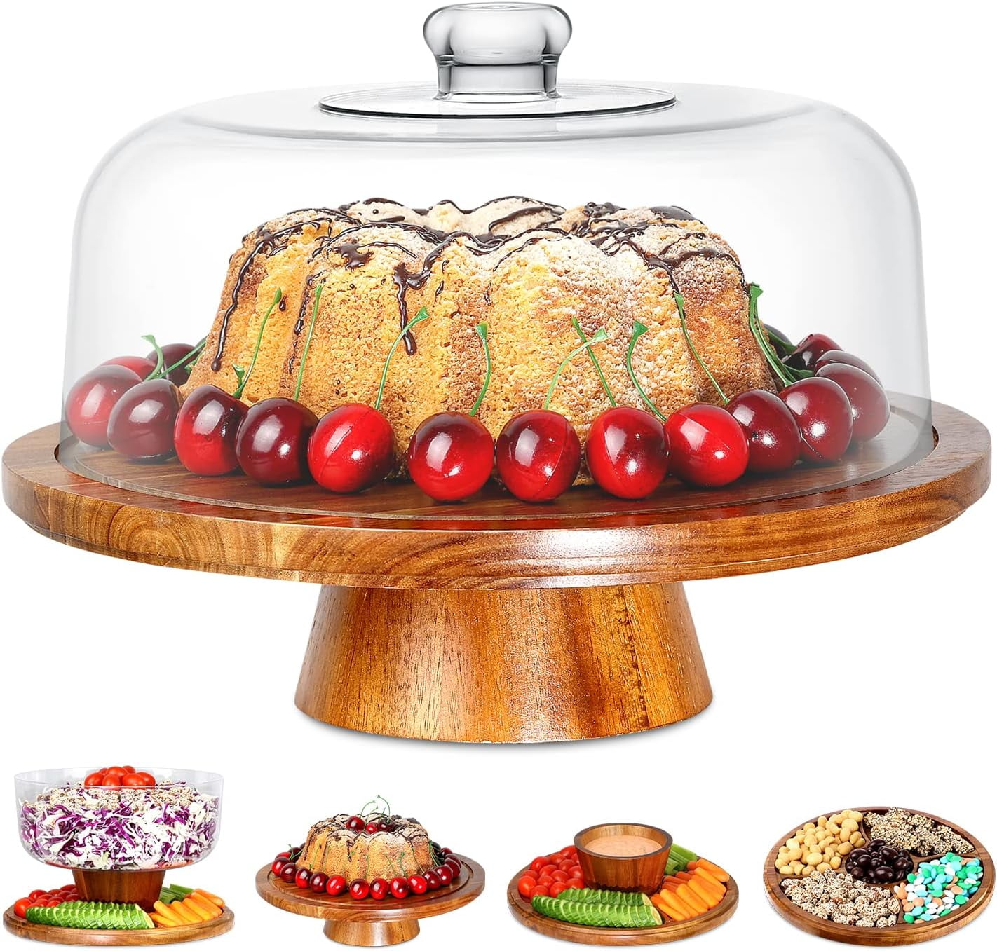 Homeries Acacia Wood Cake Stand with Lid, Cake Plate, (6 in 1) Multi ...