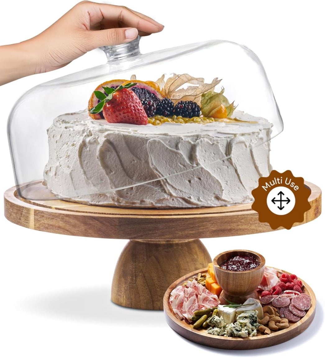 Acacia Wood Cake Stand with Lid - 12in Round Cake Holder, 2-in-1 ...