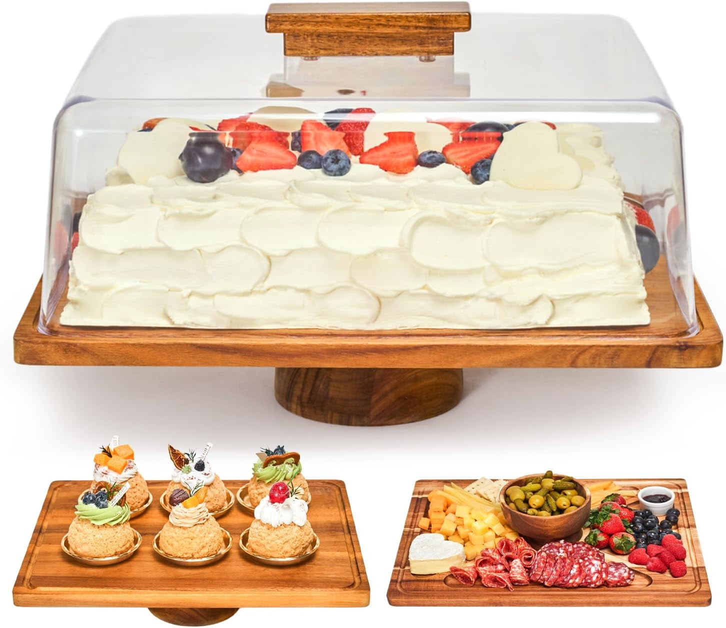 Acacia Wood Cake Stand with Lid – 2-in-1 Rectangular Dessert Display ...