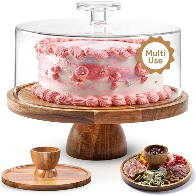 Acacia Wood Cake Stand with Lid - Multifunctional 12 In Round Cake ...