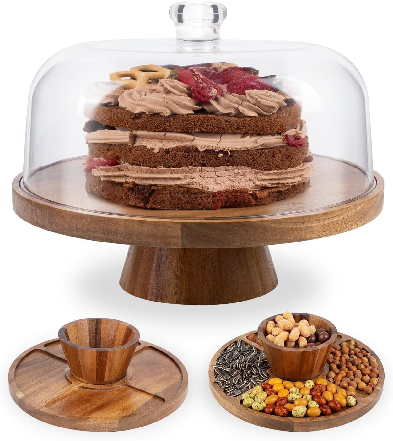 Acacia Wood Cake Stand with Shatterproof Acrylic Dome – 2-in-1 Rustic ...