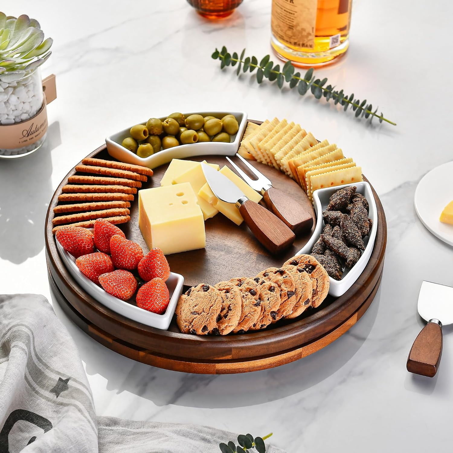 Acacia Wood Cheese Board – Rotating Serving Platter for Cheese ...