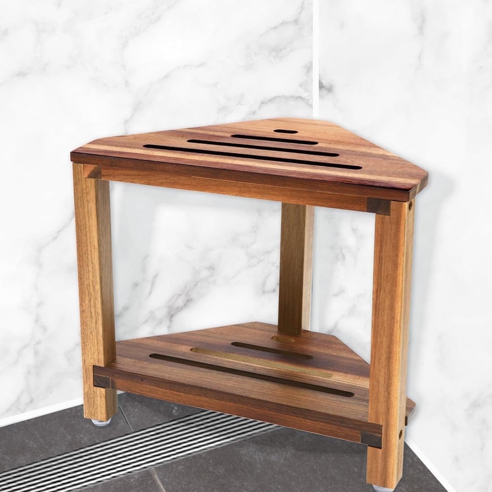 Acacia Wood Corner Shower Stool with Storage Shelf Shower Foot Rest for ...