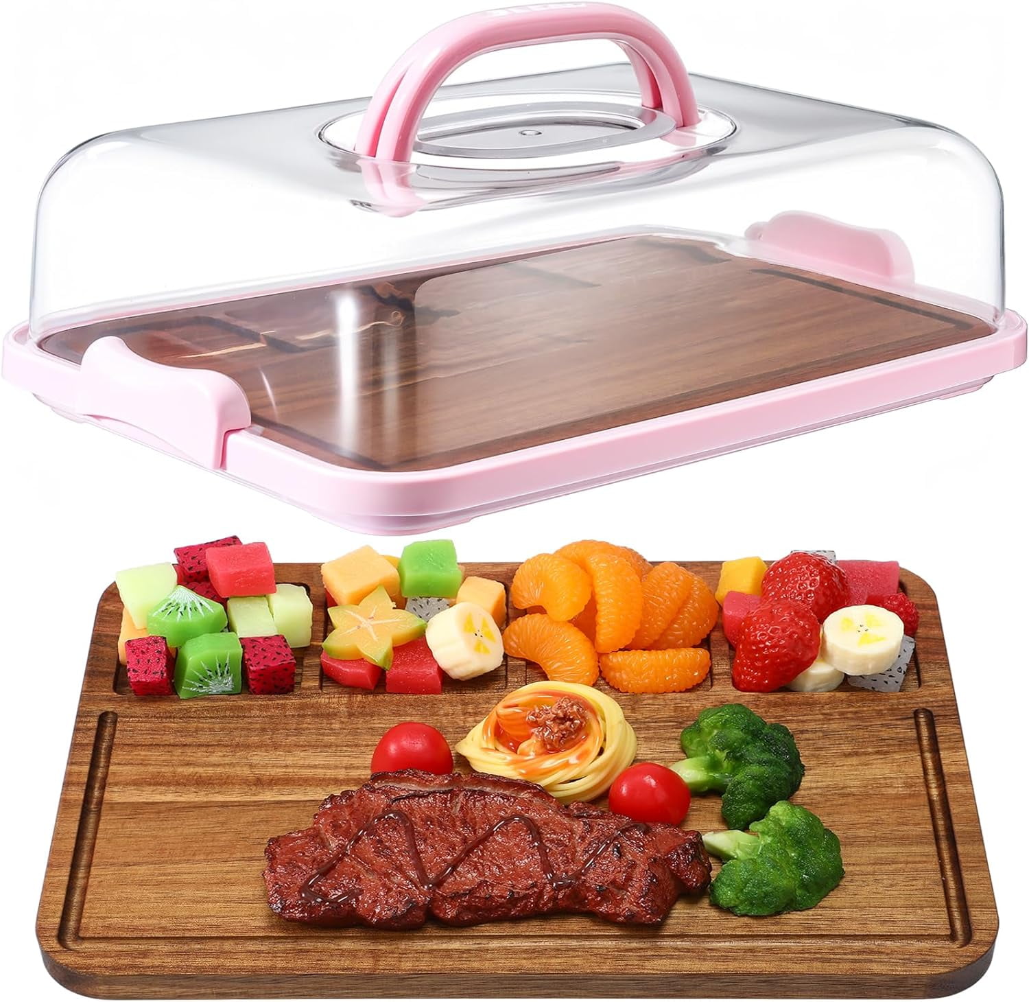Acacia Wood Cutting Board with Compartments Clear Locking Lid and Base ...