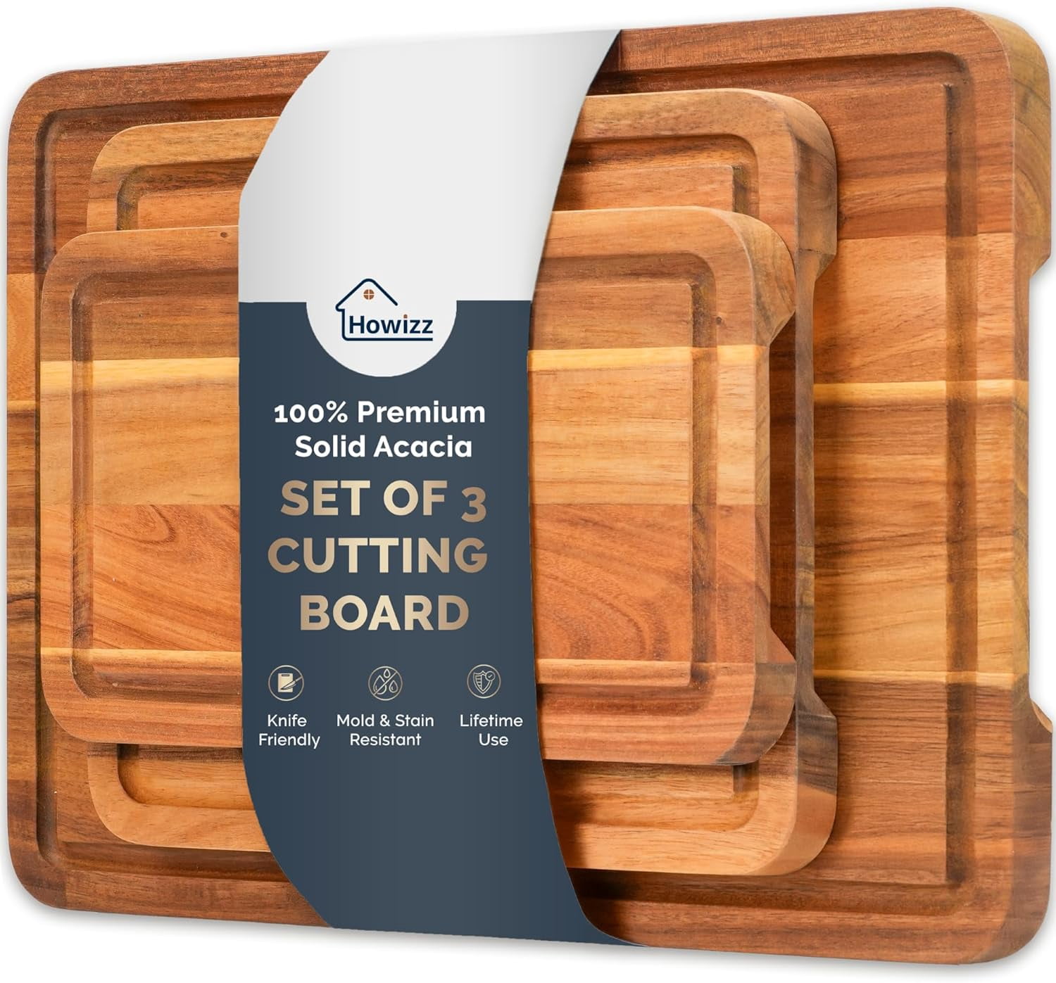 Acacia Wood Cutting Board, Set Of 3 Edge Grain Solid Wood Butcher Block ...