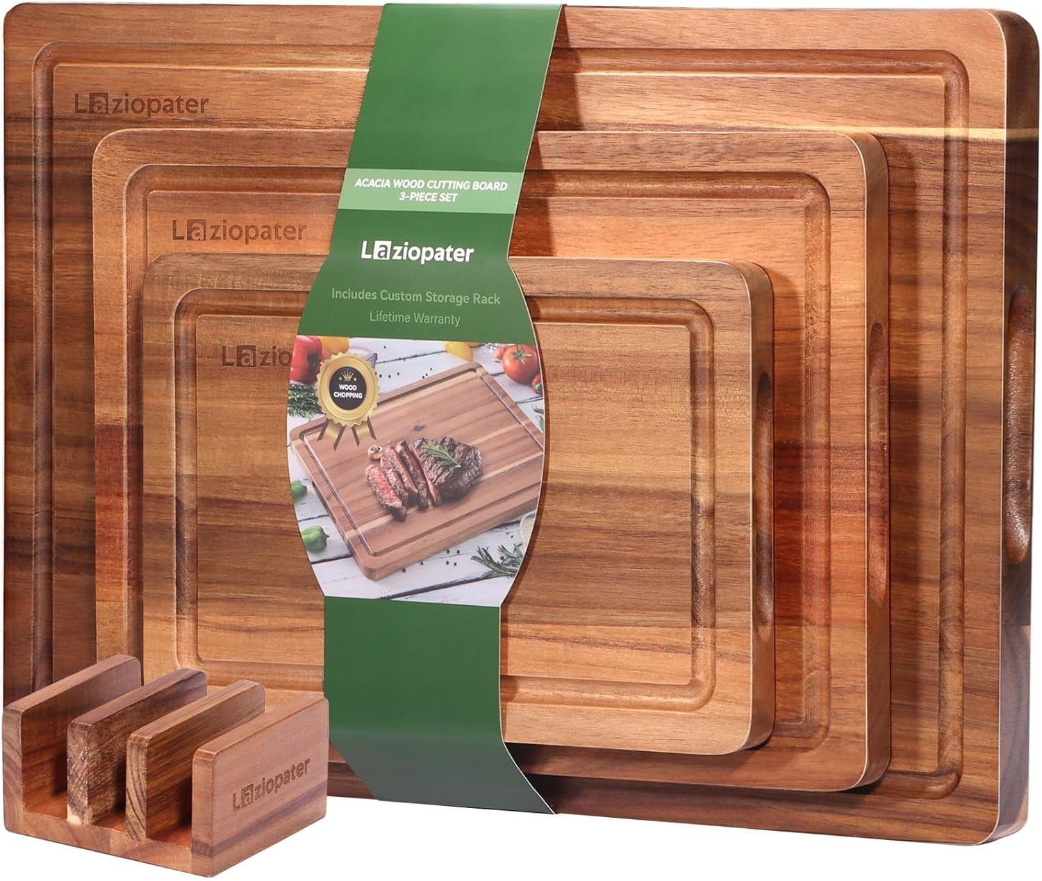 Acacia Wood Cutting Board，Solid Wood Cutting Board Set of 3 with Holder ...