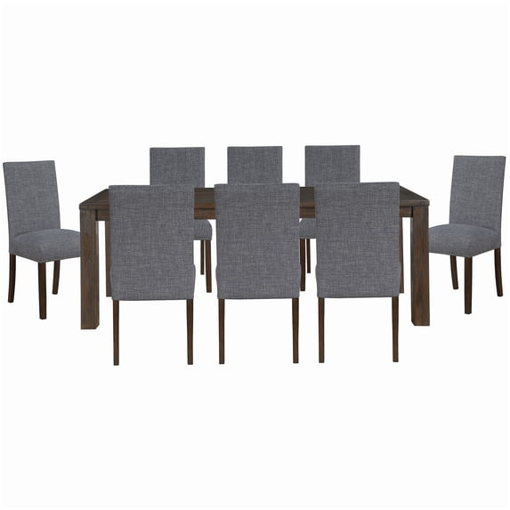 Acacia Wood Dining Table and 8 Chairs Set, Gray Upholstery and Dark ...