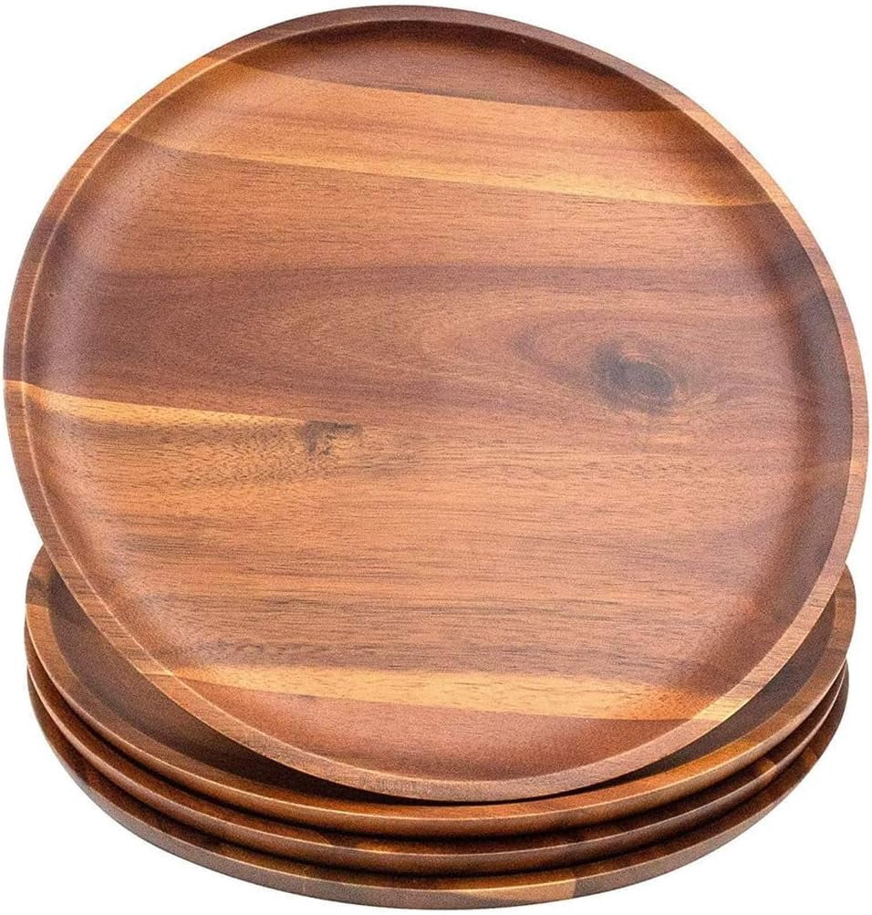 Acacia Wood Dinner Plates, 8 Inch Round Wood Plates Set of 4, Easy ...