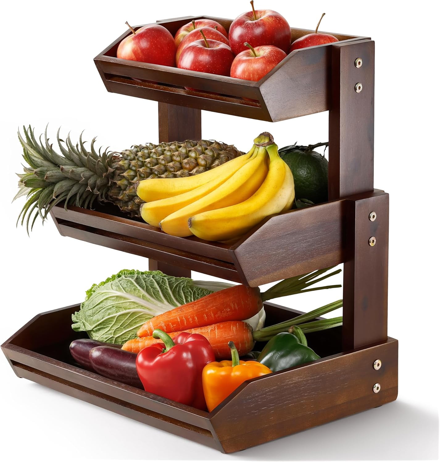 Acacia Wood Fruit Basket - 3-Tier Fruit Bowl Wooden for Kitchen Counter ...